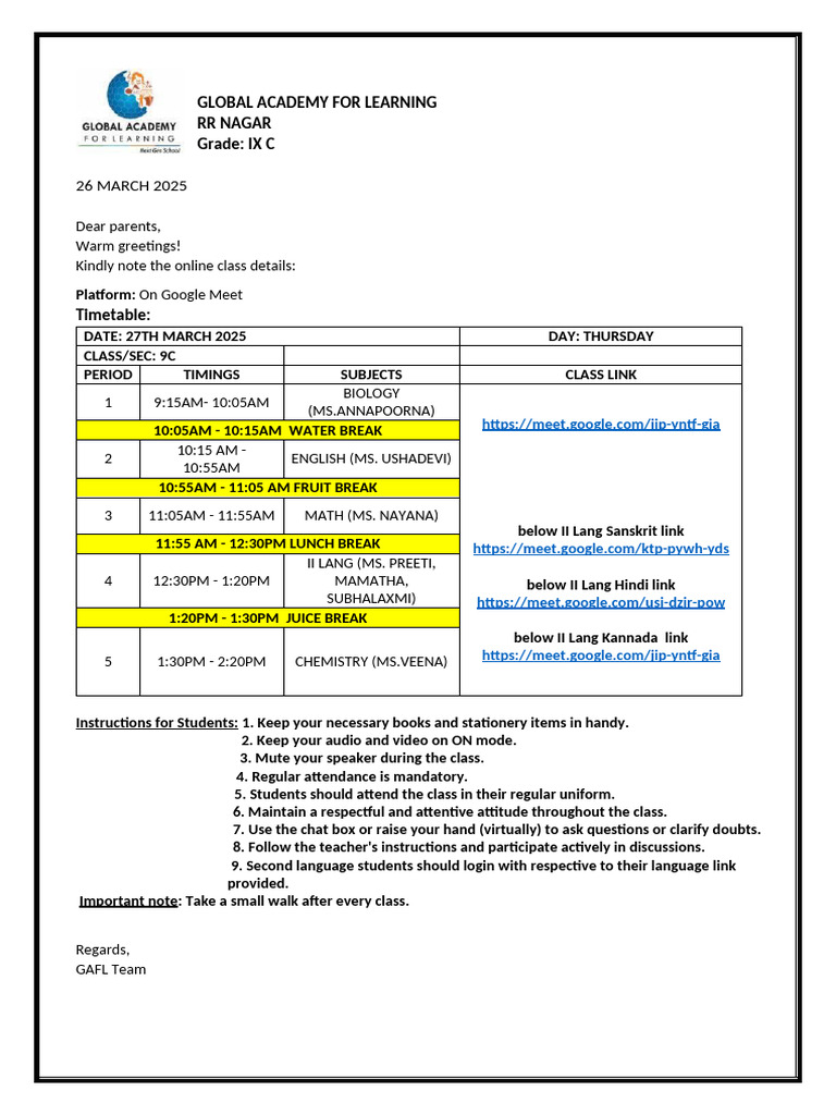 Online Class Schedule for Grade IX C | PDF