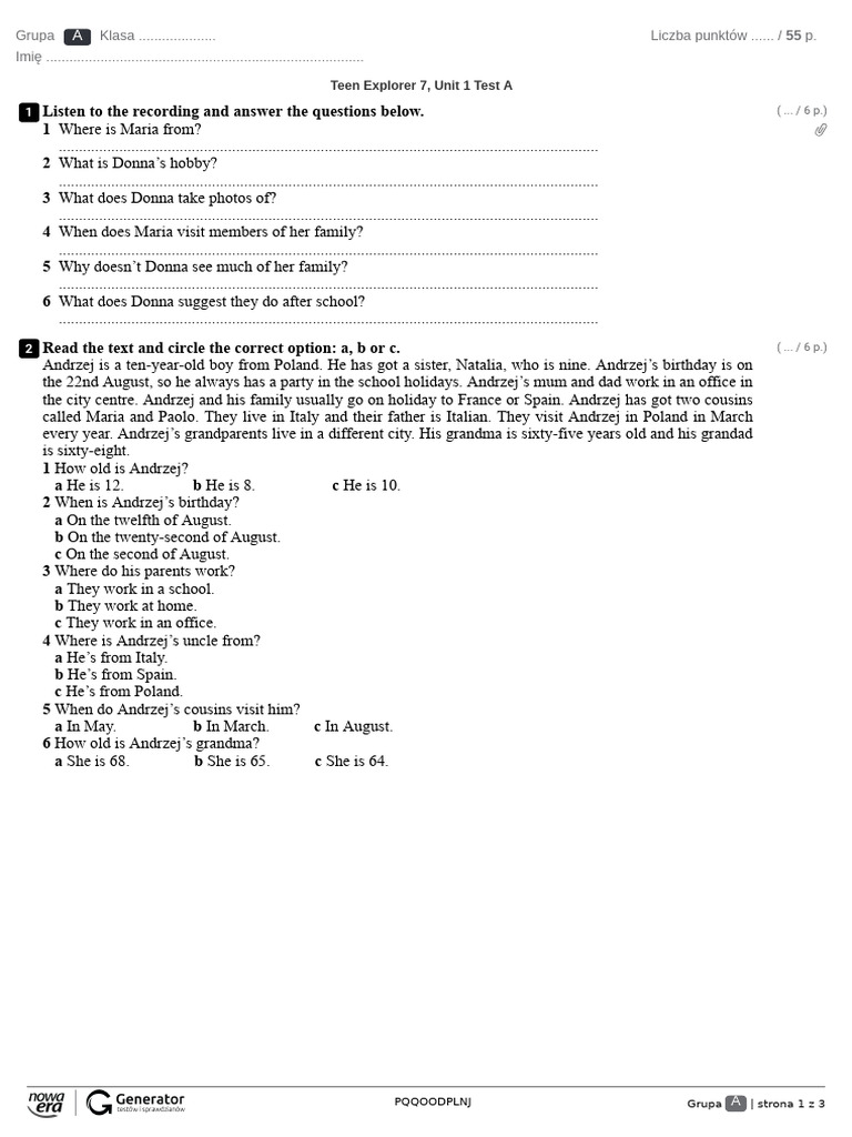 Teen Explorer 7, Unit 1 Test A Test (Z Widoczną Punktacją) | PDF ...