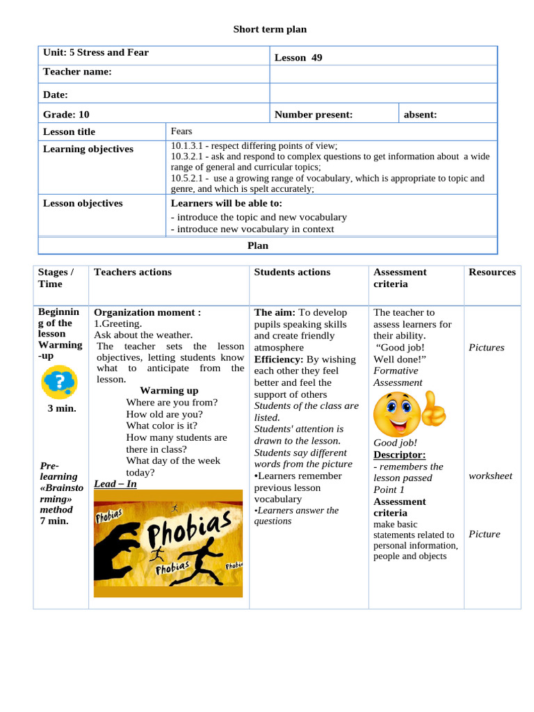Lesson Plan: Fears and Stress in Grade 10 | PDF | Curriculum | Vocabulary