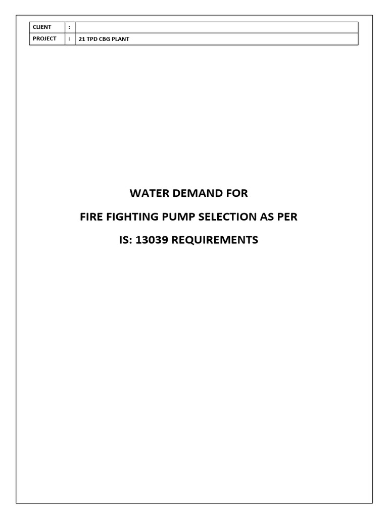 Fire Water Demand Calculation for CBG Plant | PDF | Pump | Water