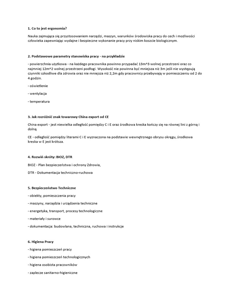 BHP i Ergonomia - Zaliczenie Semestru | PDF