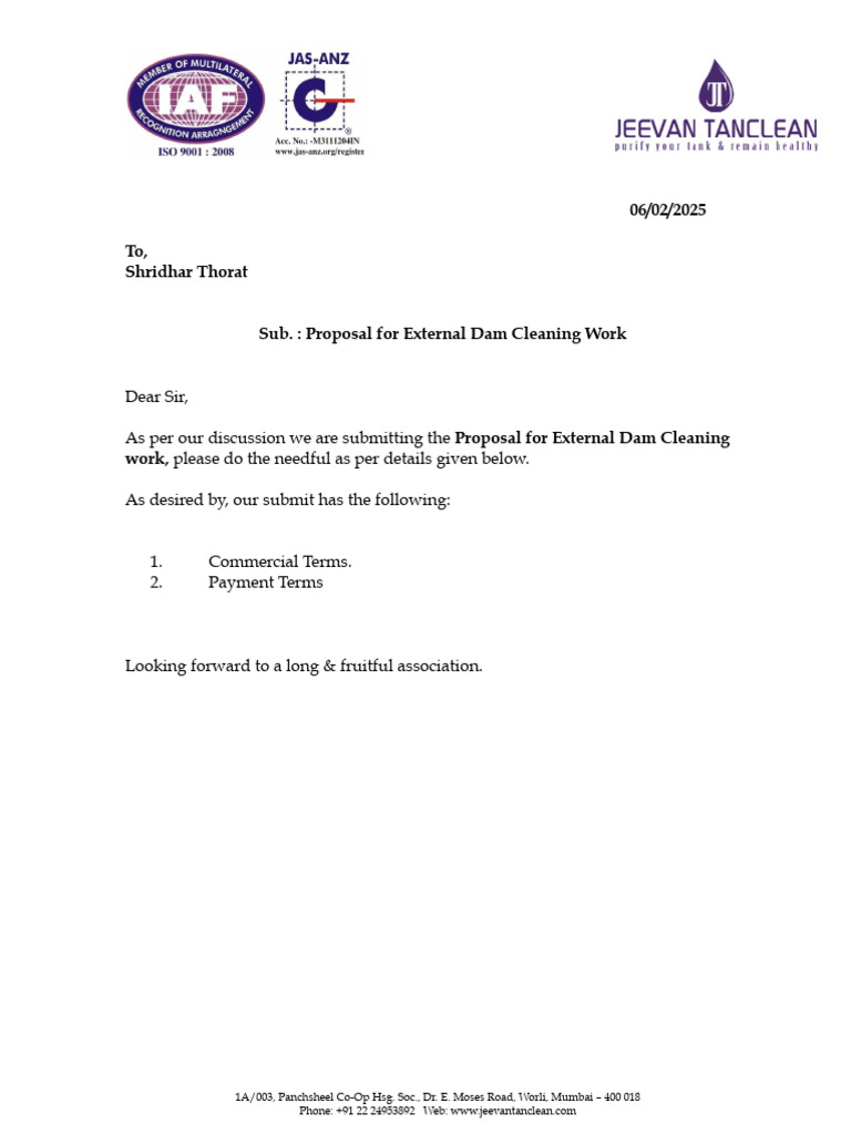 Dam Cleaning Services Proposal | PDF | Mumbai | Equipment