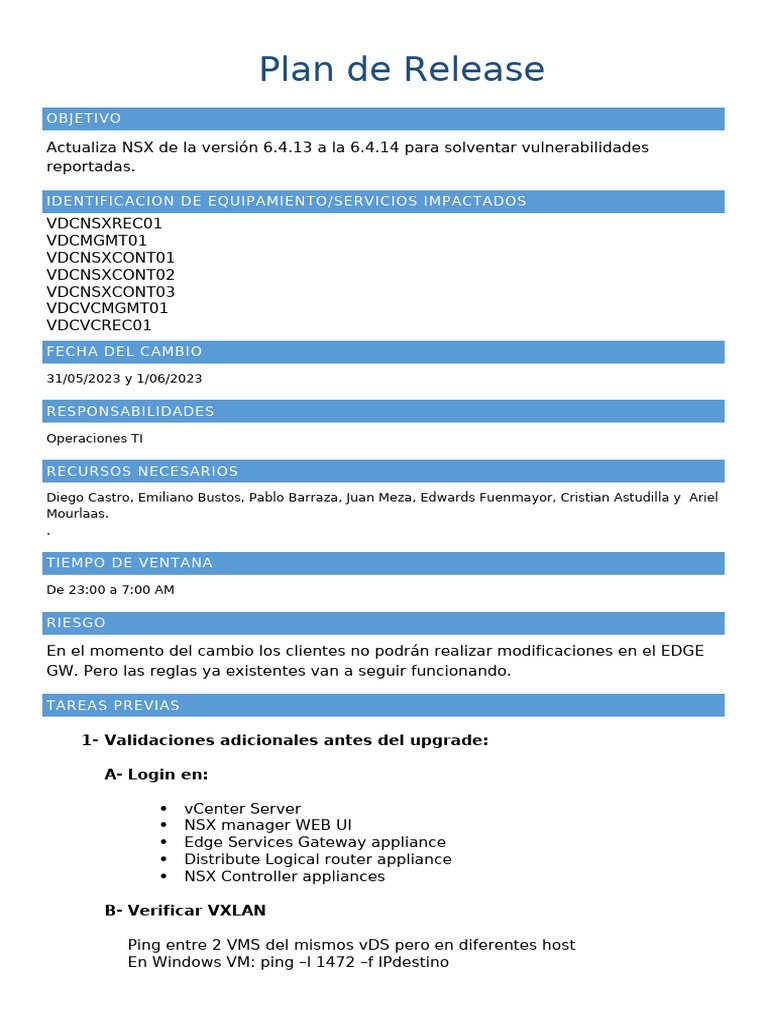 Plan de Release Update NSX 6.4.14 VDC 4.2 | PDF | Informática | Arquitectura de Computadores
