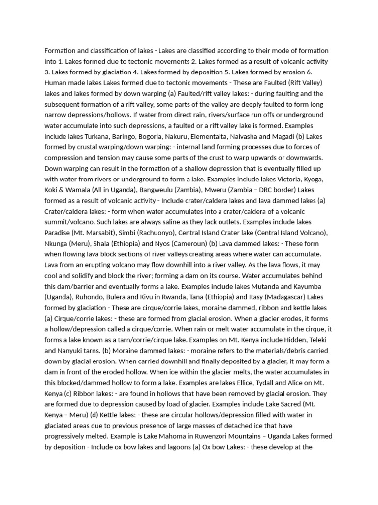 Formation and Classification of Lakes | PDF | Glacier | Lake