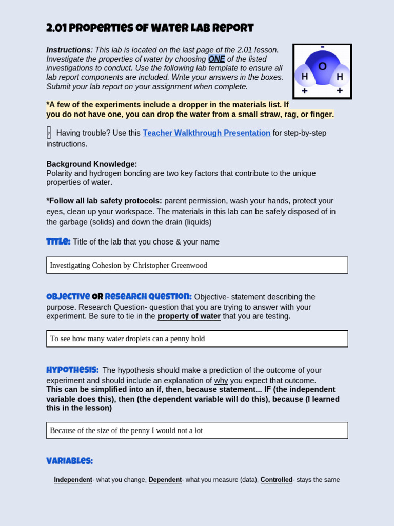 Water Properties Lab Report: Cohesion Experiment | PDF | Properties Of ...