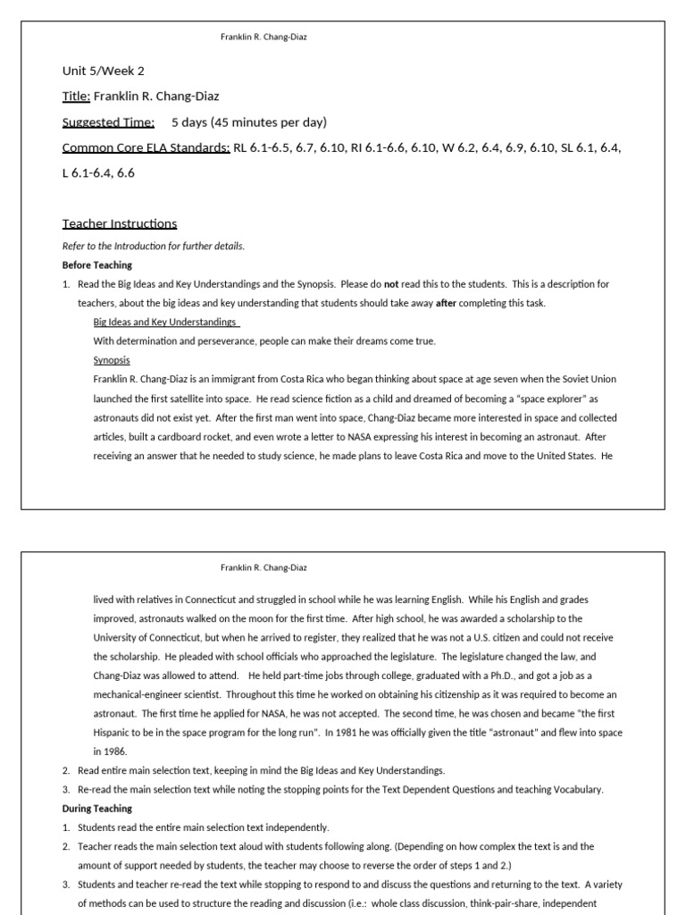 Franklin R. Chang Diaz. Lesson - Story | PDF | Astronauts | Nasa