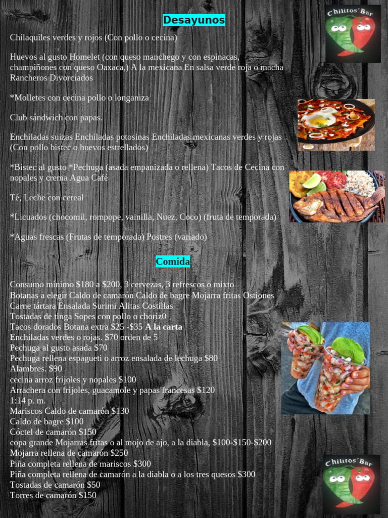 Menú de Mojarras y Mariscos | PDF | ensalada | Mariscos