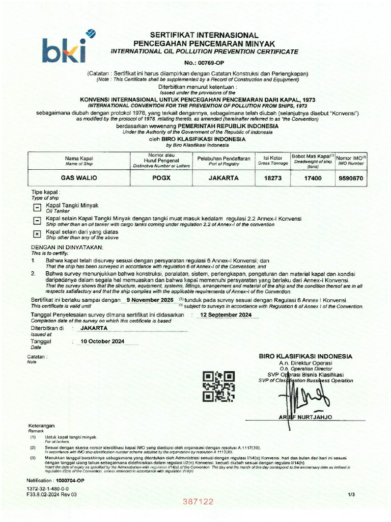 International Oil Pollution Prevention (Iopp) Gas Walio | PDF