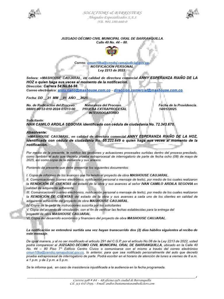 8. NOTIFICACIÓN PERSONAL LEY 2213 DE 2022 (1).docx | PDF