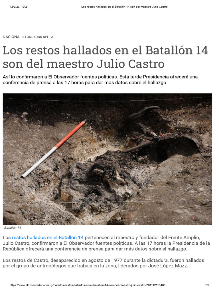 Restos de Julio Castro en Batallón 14 | PDF