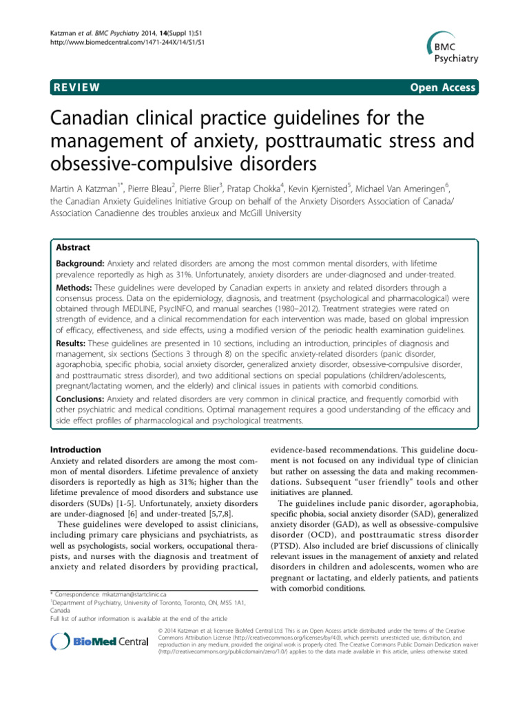 Canadian Clinical Practice Guidelines For The Management of Anxiety ...