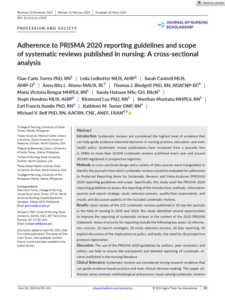 Adherence To PRISMA 2020 Reporting Guidelines and Scope of Systematic ...