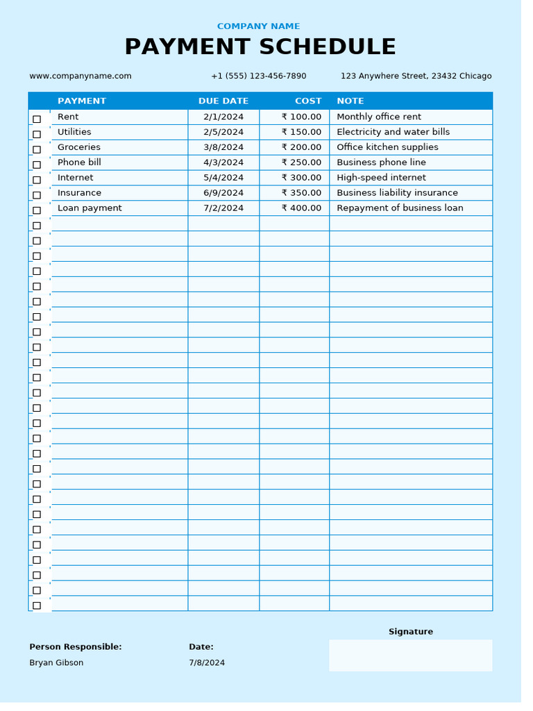 Payment Schedule Template Example | PDF