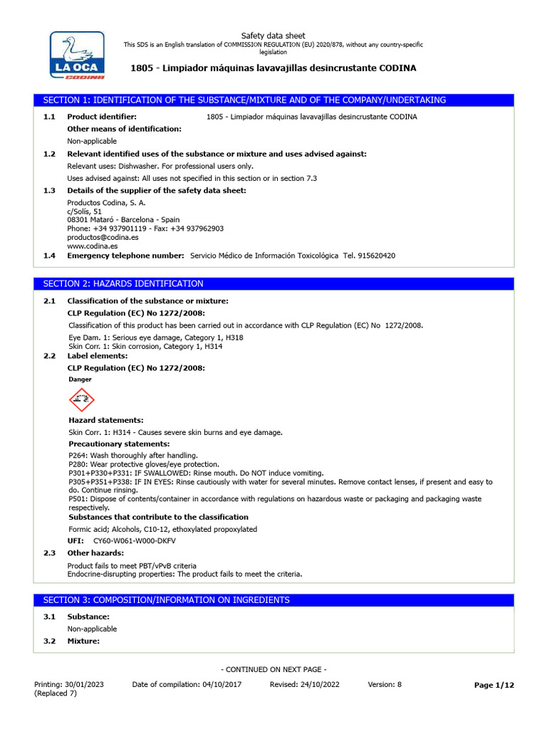 Safety Data Sheet of 1805 Limpiador Máquinas Lavavajillas ...