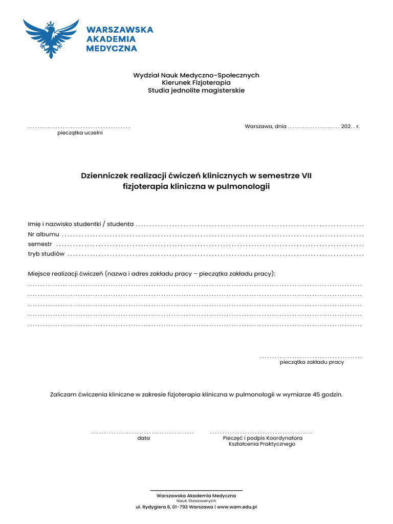WAM DzienniczekRealizacjiC Wiczen Klinicznych Sem7 Pulmonologia | PDF