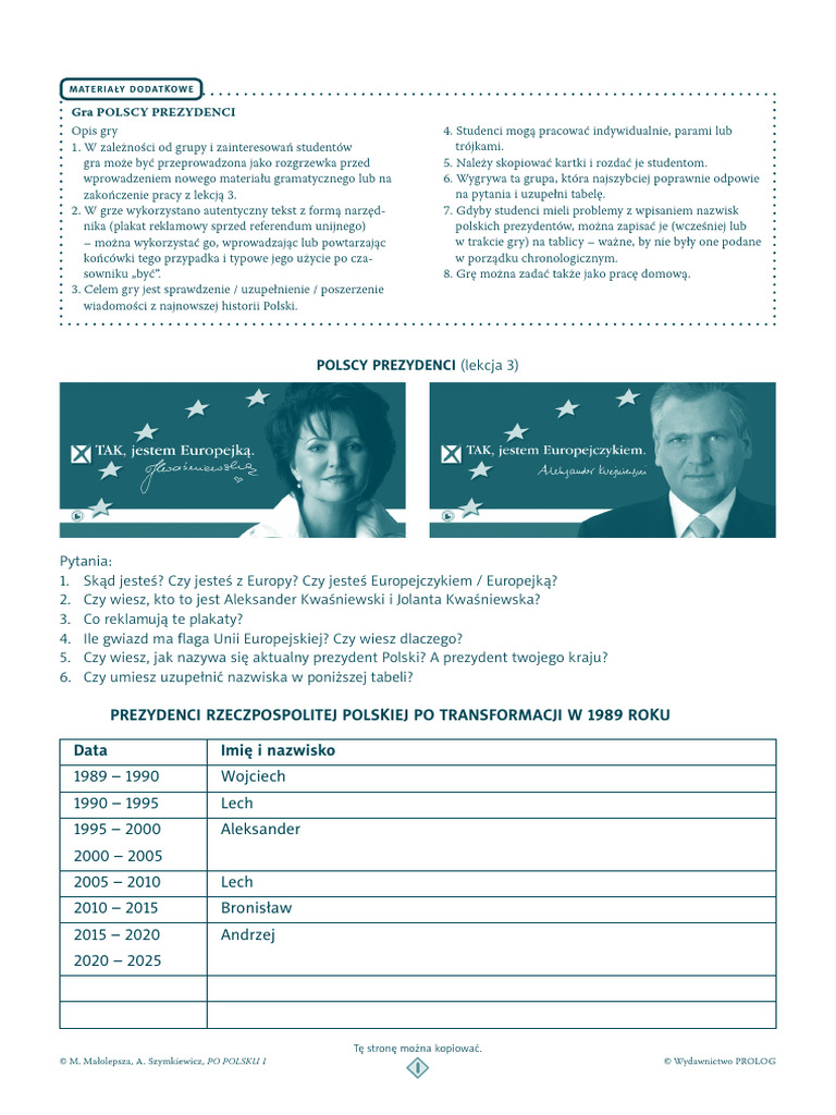 HURRA Po Polsku 1 Lekcja 3 Polscy Prezydenci | PDF
