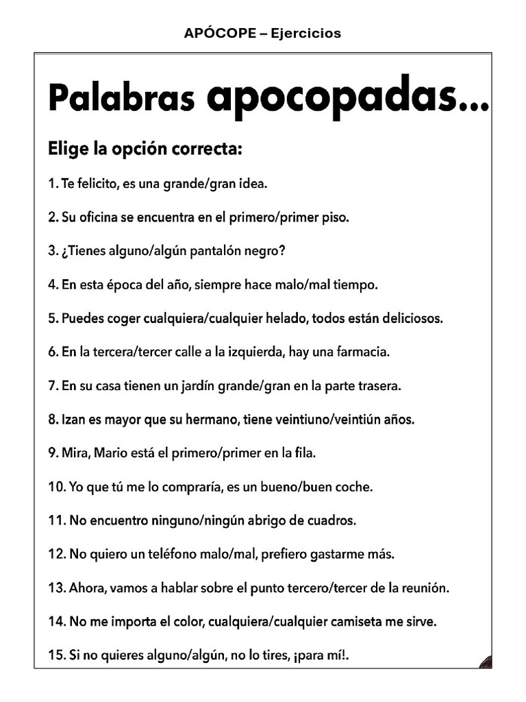 Apócope Ejercicios | PDF