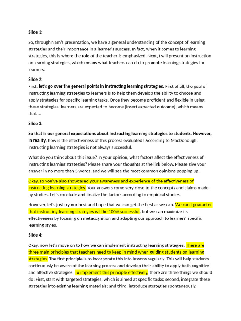 TLH - Learning Strategies Instruction | PDF | Learning | Metacognition