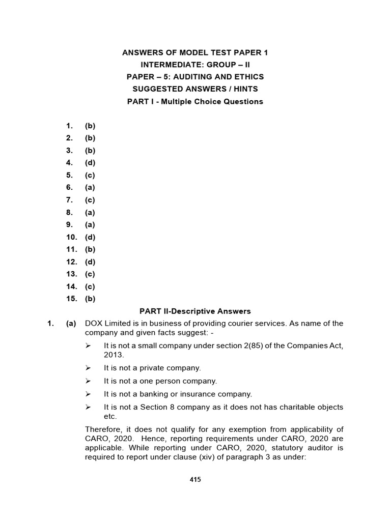 Audit Model Test Answer | PDF | Audit | Internal Control