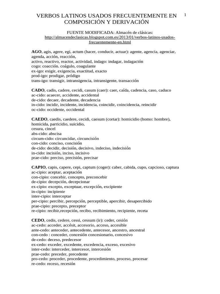 Verbos Latinos Usados Frecuentemente en Composición y Derivación 2 | PDF