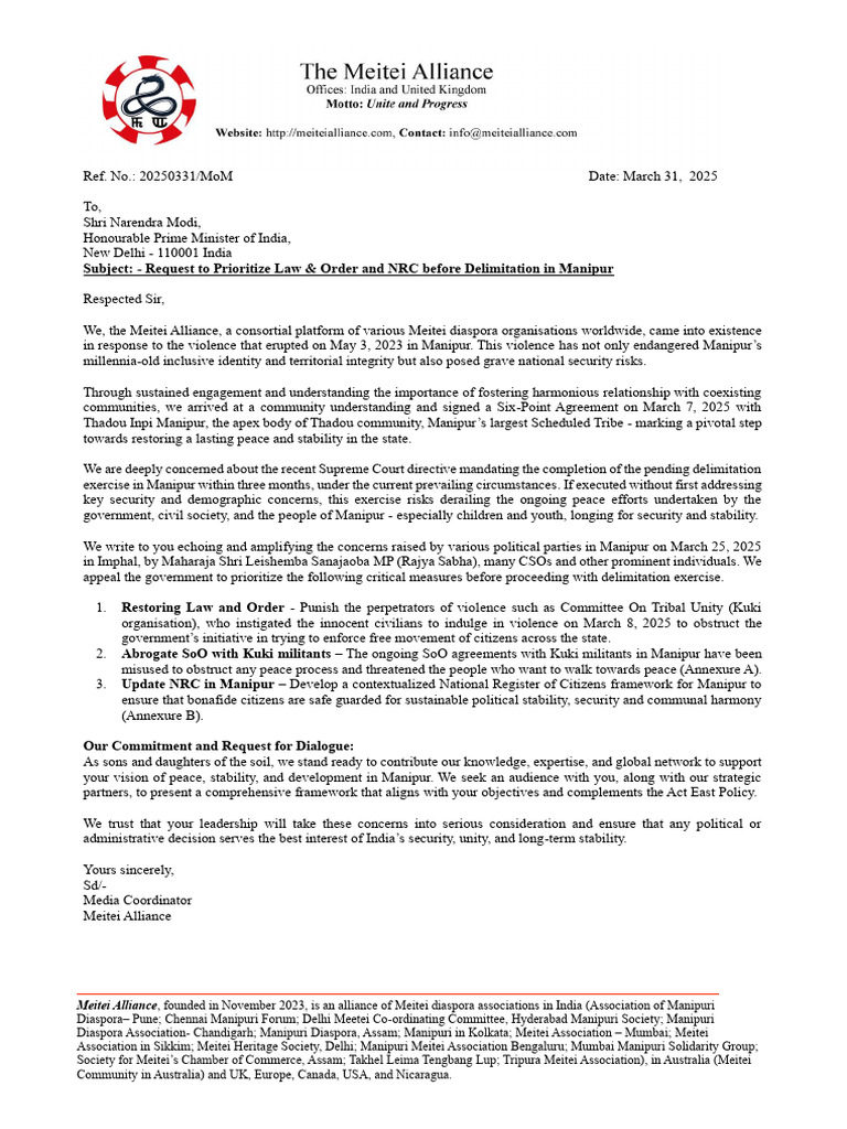 Meitei Alliance Letter To PM Modi On Manipur Delimitation | PDF