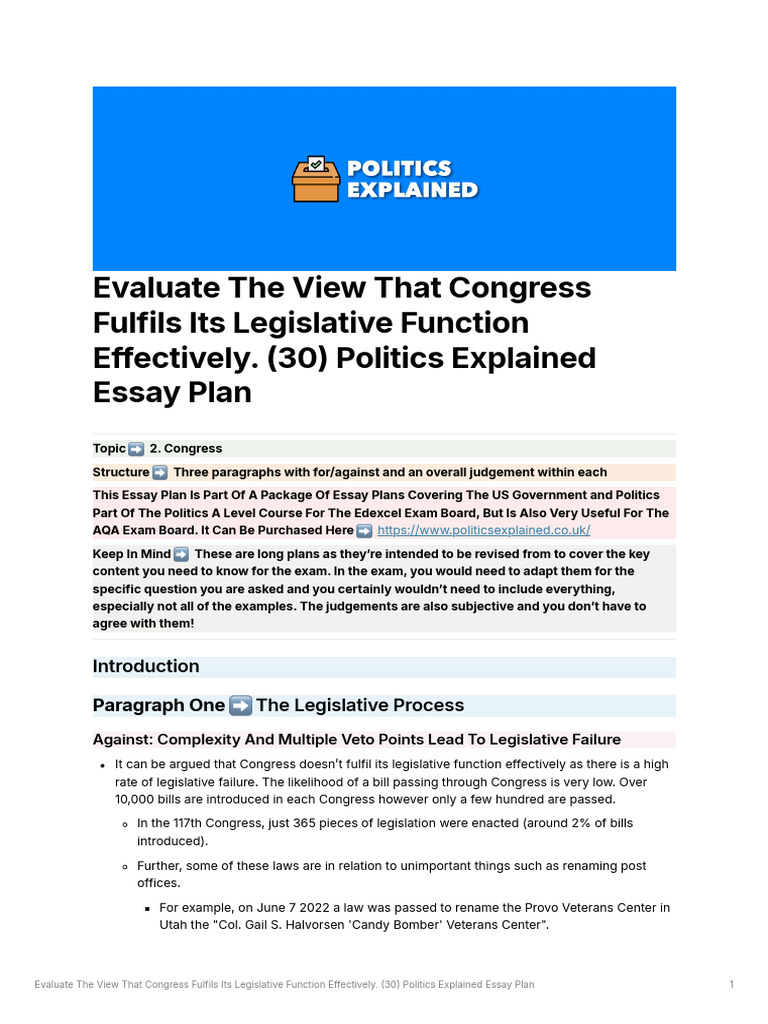 Evaluate The View That Congress Fulfils Its Legislative Function ...