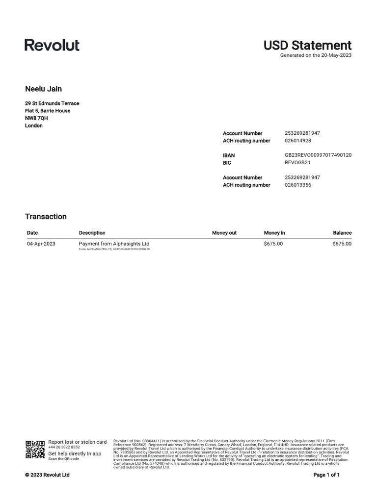Revolut USD Statement Overview | PDF | Banking Technology | Banking