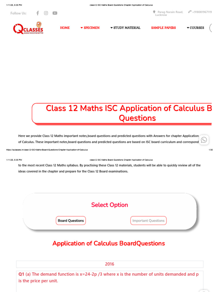 Class12 ISC Maths Board Questions Chapter Application of Calculus | PDF | Profit (Economics ...