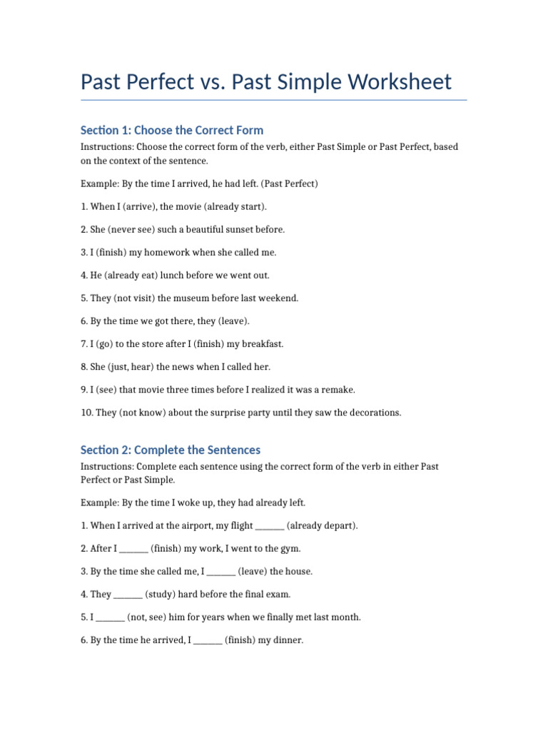 Past_Perfect_vs_Past_Simple_Worksheet | PDF