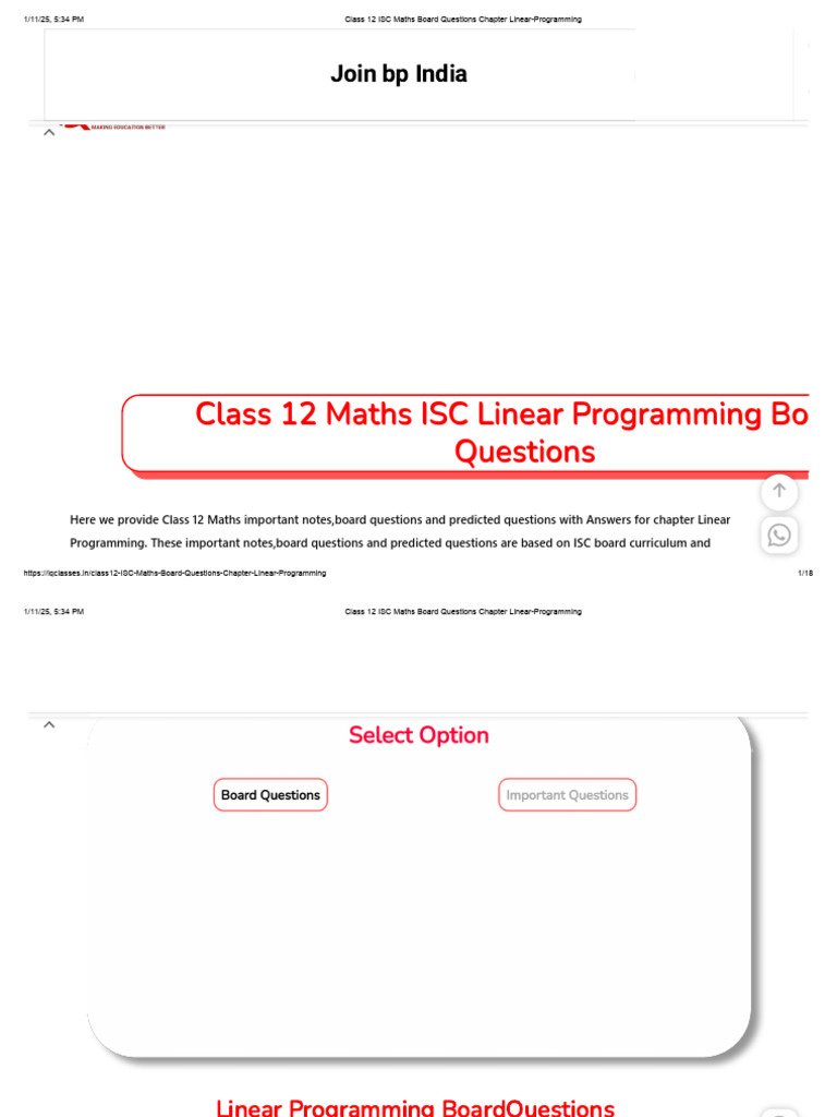 Class 12 Isc Maths Board Questions Chapter Linear Programming Pdf Linear Programming