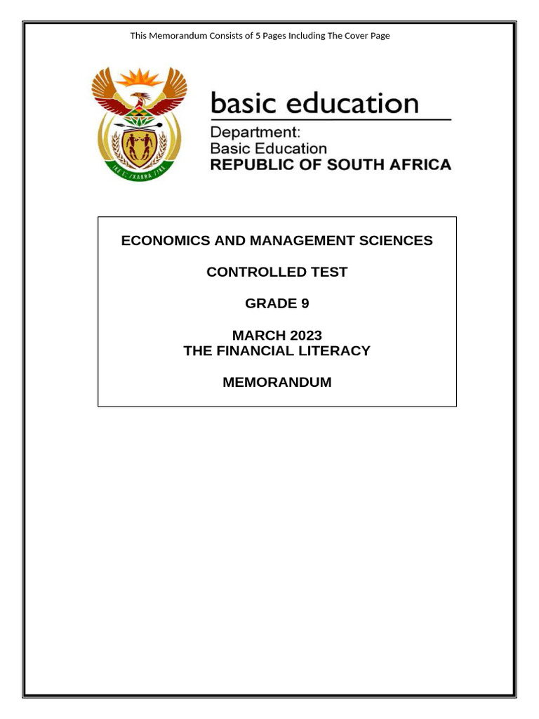 EMS Gr. 9 Control Test Memorandum 2023 | PDF | Debits And Credits | Money