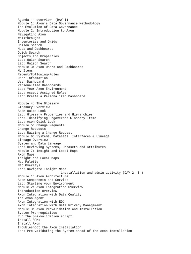 AXON TRAINING Agenda | PDF | Data Quality | Postgre Sql