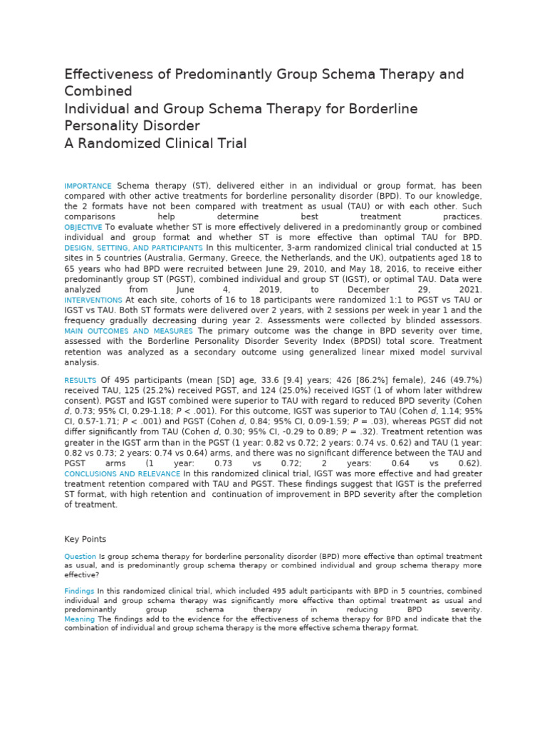 Effectiveness of Predominantly Group Schema Therapy and Combined | PDF ...