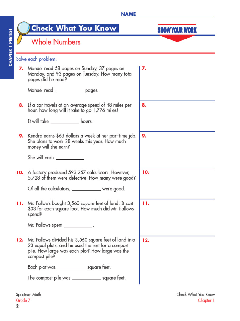 Grade 7 Spectrum Math Pretest | PDF