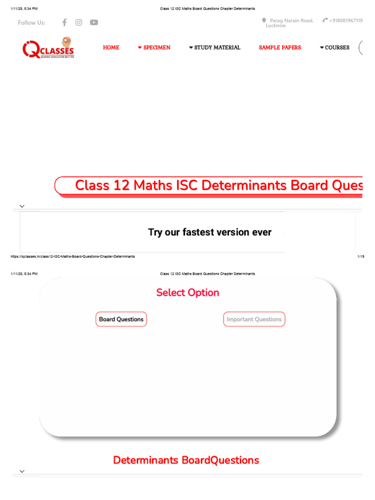 Class 12 ISC Maths Board Questions Chapter Determinants | PDF | Mathematics