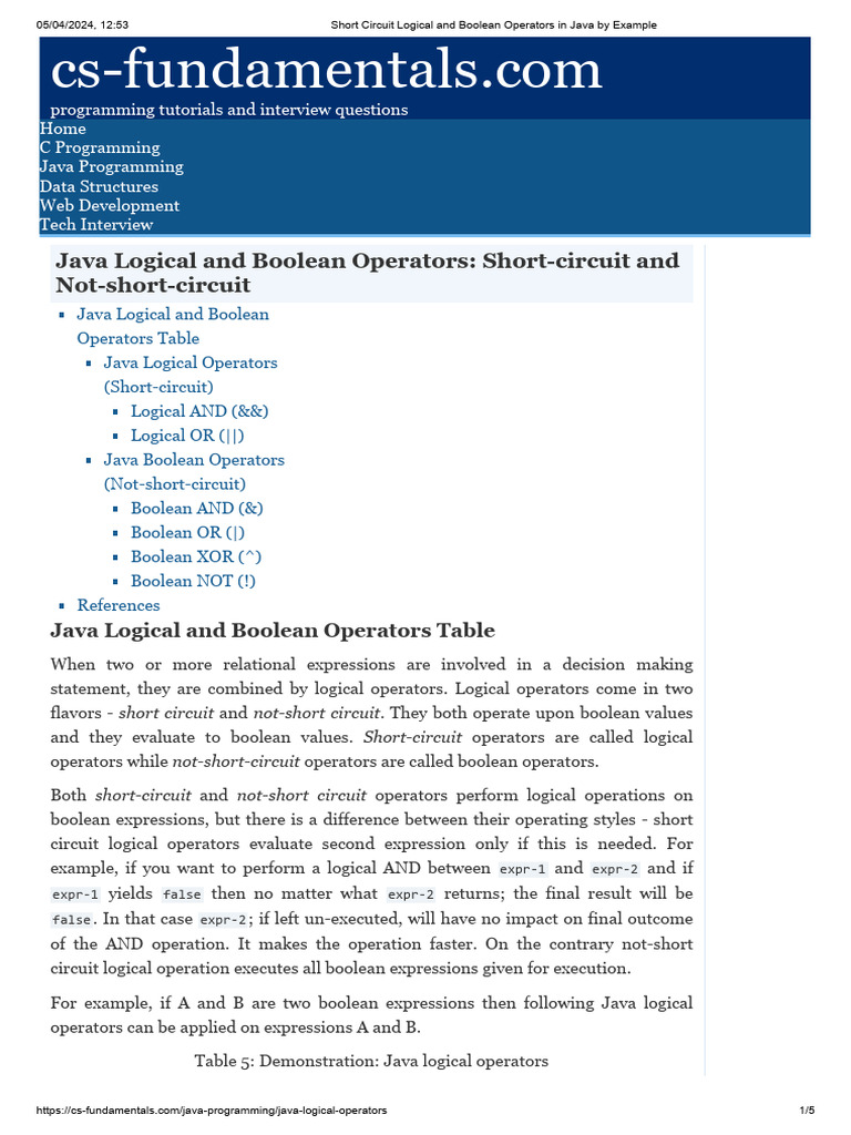 Short Circuit Logical and Boolean Operators in Java by Example | PDF | Boolean Data Type ...