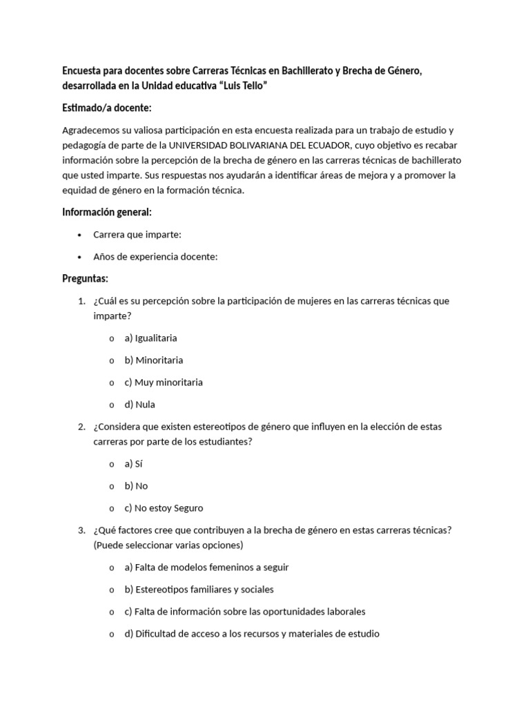 Encuesta sobre Brecha de Género en Carreras Técnicas | PDF | Maestros ...