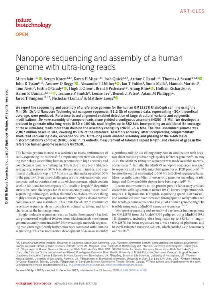 Nanopore Sequencing and Assembly of A Human Genome With Ultra-Long ...