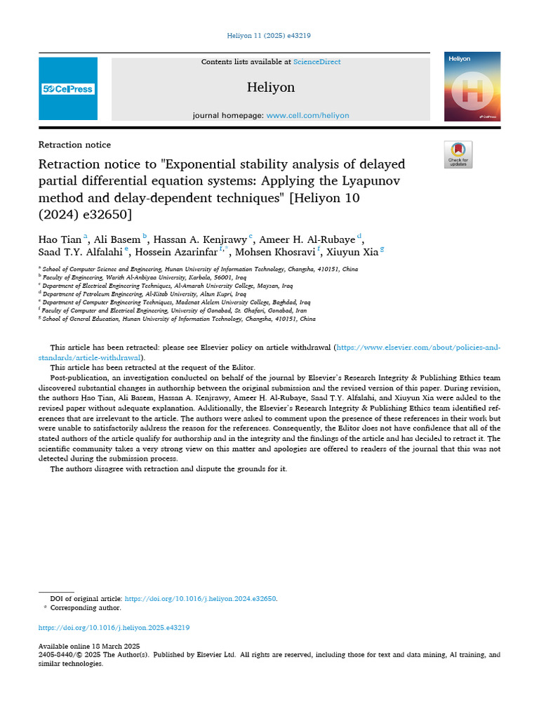 Retraction Notice To Exponential Stability Analys | PDF | Science