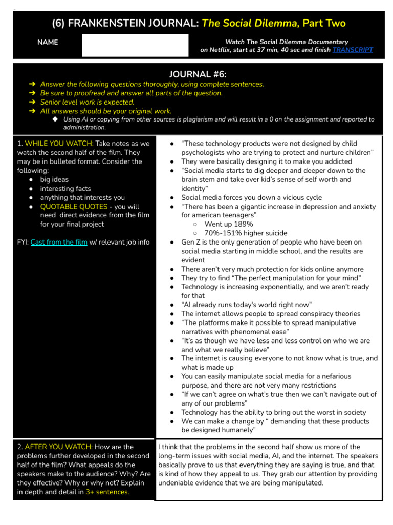 Frankenstein Journal - Social Dilemma, Part Two. Last Name | PDF