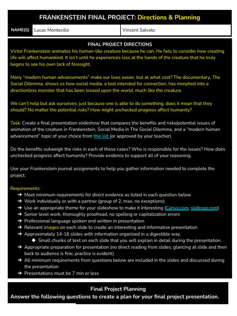 Frankenstein Project: Risks vs. Benefits | PDF | Frankenstein