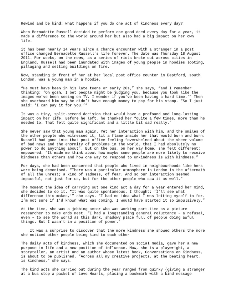 Rewind and Be Kind What Happens If You Do One Act of Kindness Everyday | PDF | Psychology