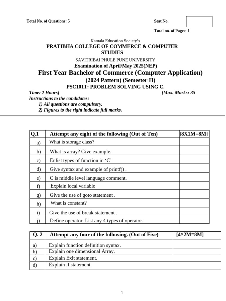 C Programming Exam Questions for B.Com | PDF