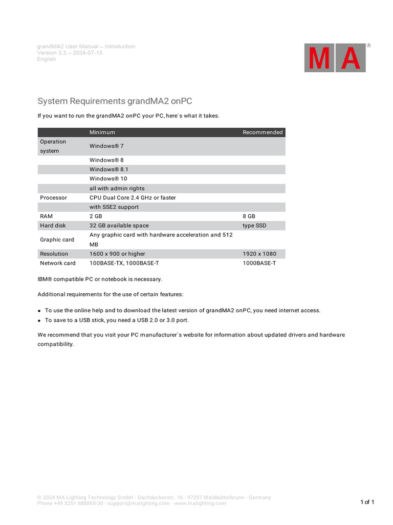 grandMA2 User Manual-Introduction System Requirements Grandma2 Onpc-En-V3.3 | PDF