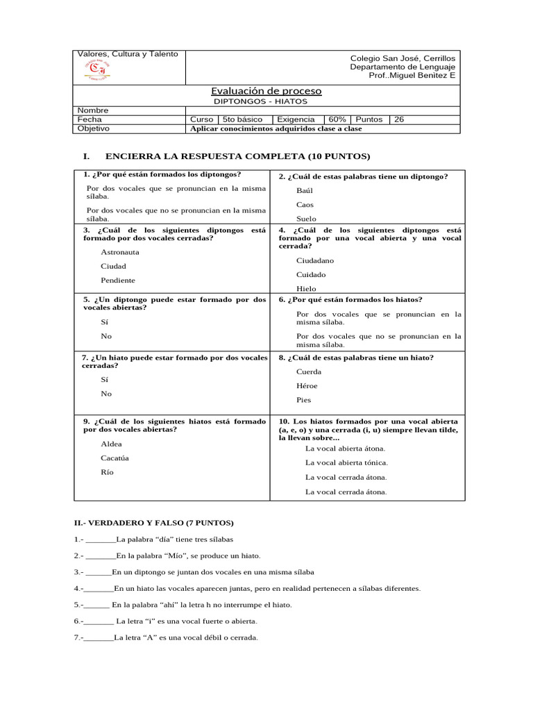 Diptongos y Hiatos en Evaluación 5to Básico | PDF | Lingüística | Voz ...