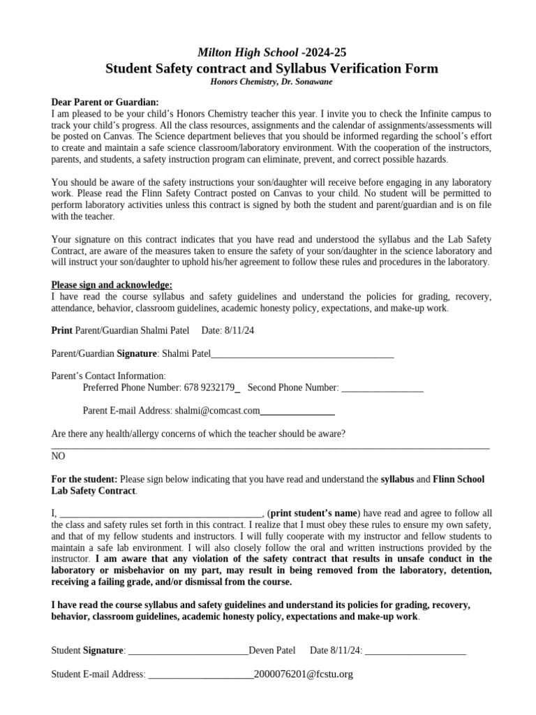 Verification Form Syllabus and Safety Contract | PDF | Laboratories ...