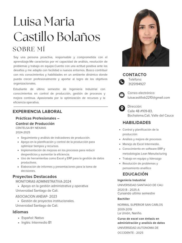 CV - Luisa Maria Castillo BolanÞos - 250307 - 163107 | PDF | Ingeniería Industrial | Planificación