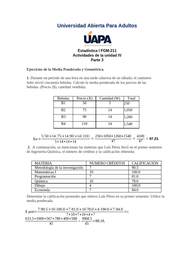 Media Ponderada y Geométrica en Estadística | PDF