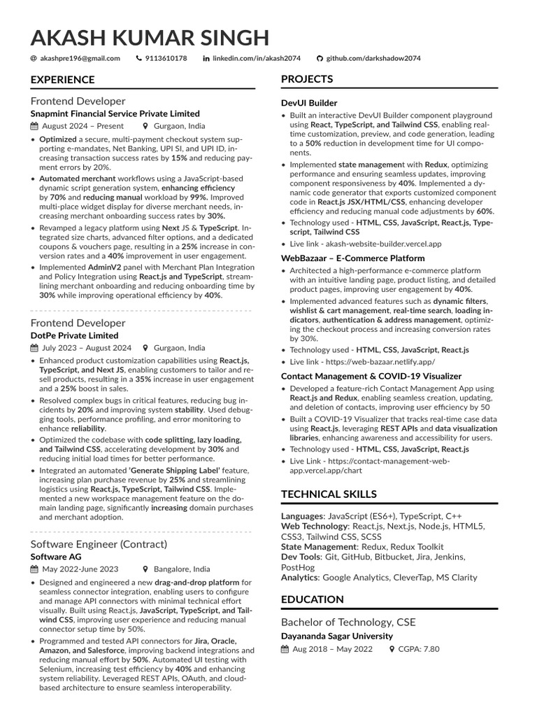 Akash Kumar Singh: Frontend Developer Portfolio | PDF | Java Script | Software Engineering