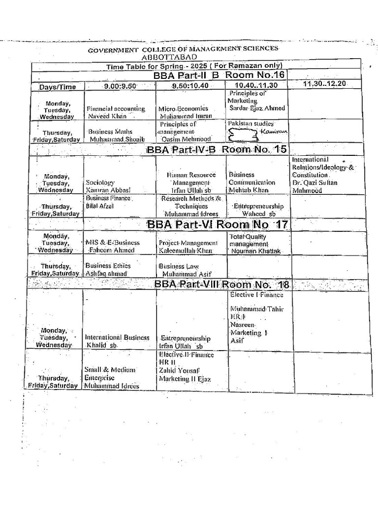 BBA Spring 2025 Timetable | PDF